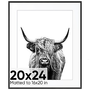 Homeforia 20x24 Black Frame Matted to 16x20 - Metal 20 x 24 Picture Frames For Wall - Aluminum 20 by 24 Poster Frame - Tempered Glass - Wall Hook Included - Set of 1