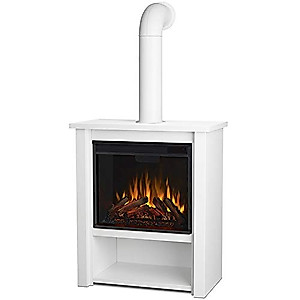 BOWERY HILL Modern Stainless Steel Electric Fireplace Mantel Heater with Remote Control, Adjustable Led Flame, 1500W in Matte White