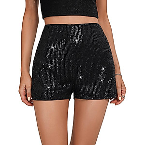 SweatyRocks Women's Sequins High Elastic Waist Straight Leg Shorts Solid Glitter Party Shorts Black L