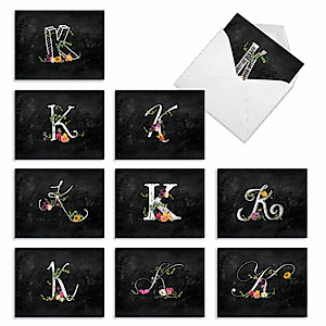 The Best Card Company - 10 Initial Letter K Assorted Blank Notecards, Floral Monogramed Personal Stationery w/Envelopes Bulk Box Set 4 x 5.12 Inch Thank You Notes - K Chalk and Roses M3795OCB-B1x10