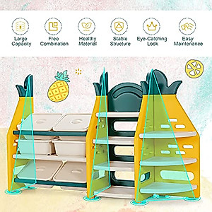Costzon Kids Toy Organizers and Storage with Bookshelf, Large Multi-Purpose 3-Tier Toy Shelf, 6 Bins Removable Plastic Bins to Organize Books Toys, Toddler Corner Rack for Playroom Bedroom, Nursery