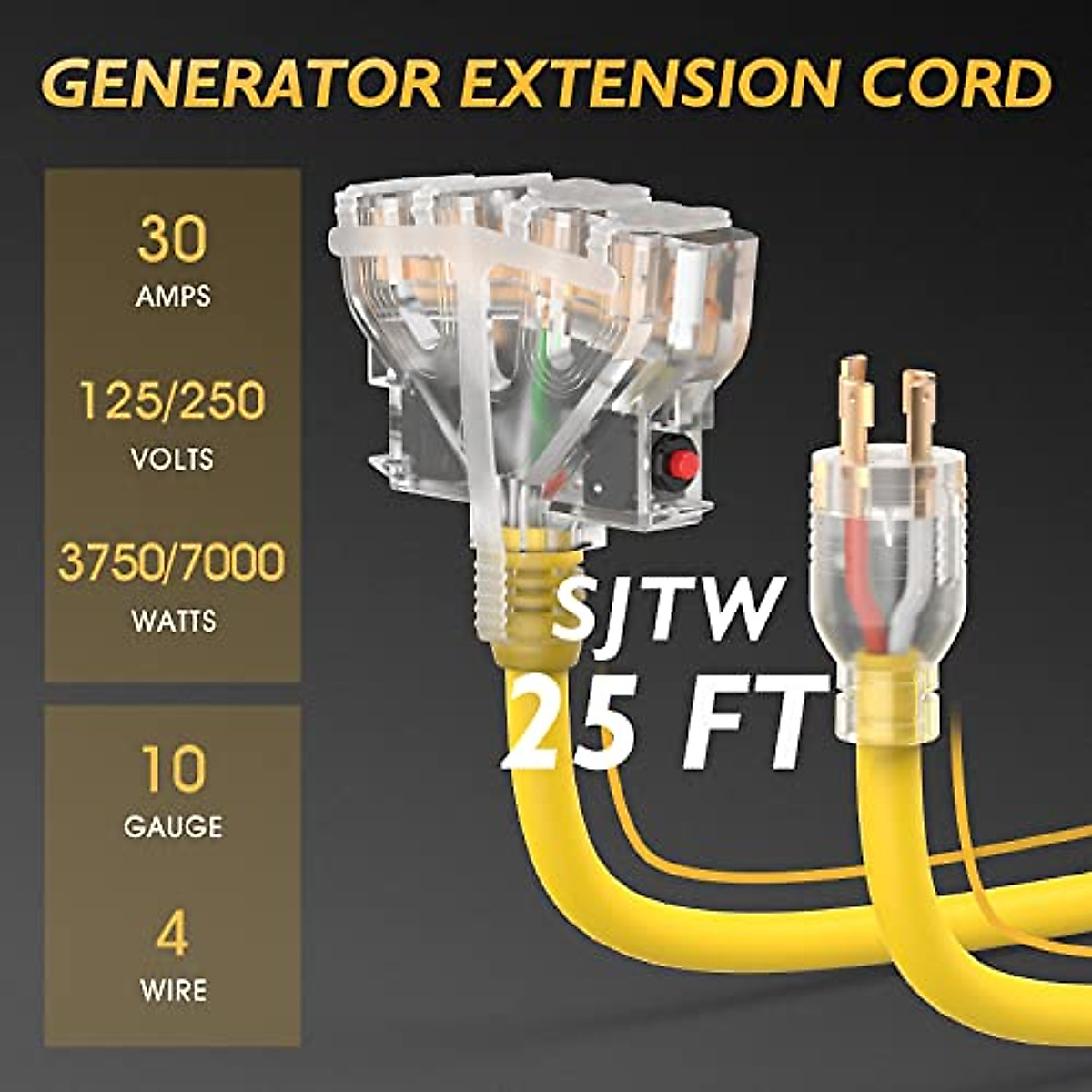 TOOLIOM Generator Extension Power Cord 25 Feet NEMA L14-30P to Four 5-20R/5-15R 30A 125/250 Volt 7500 Watts 4 Prong 10 Gauge Fan-Style Generator Cable with Protector Breaker