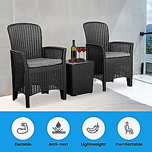 SereneLife 3 Pieces Outdoor Wicker Patio Furniture Modern Rattan Chair Conversation Sets with Coffee Table for Yard and Bistro (Off Black)