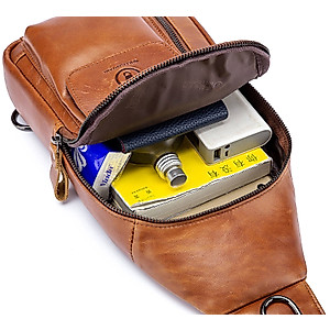 BULLCAPTAIN Genuine Leather Sling Bag for Men Leather Casual Crossbody Shoulder Backpack Travel Hiking Vintage Chest Bags Mens Daypacks (Brown)