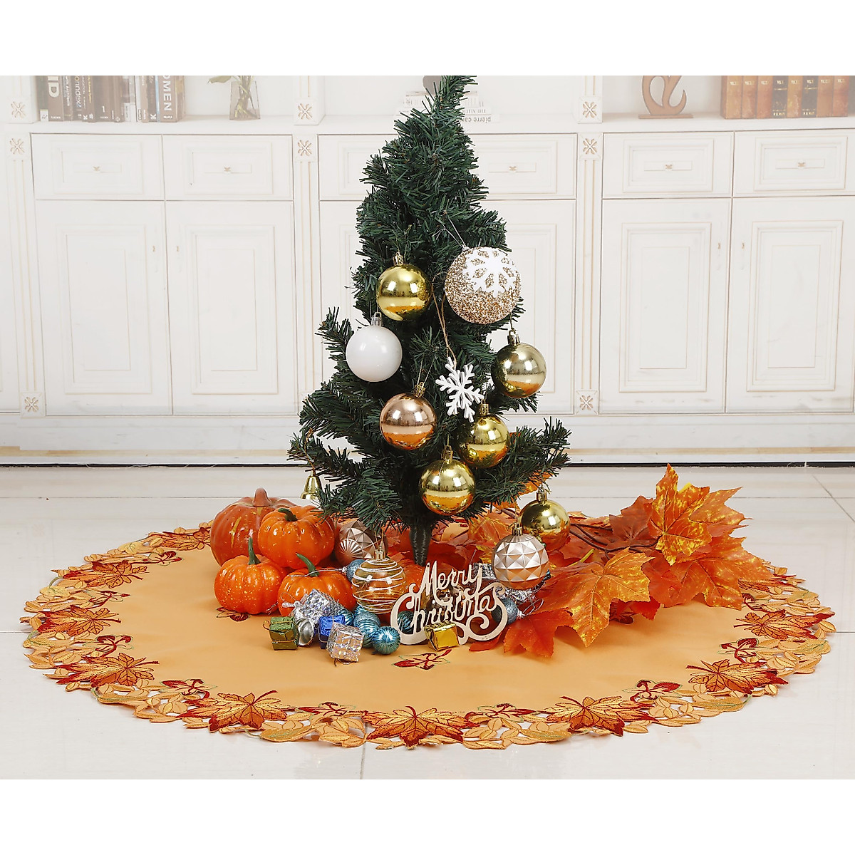GRANDDECO Christmas Tree Skirt 36 Inch Thanksgiving Fall Tree Mat Harvest Fall Cutwork Embroidered Maple Leaves Xmas Tree Decor for Holiday Party Decorations Indoor Outdoor (Tree Skirt 36" (91cm))