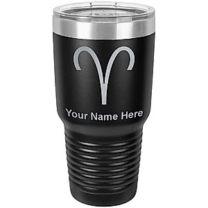 LaserGram 30oz Vacuum Insulated Tumbler Mug, Zodiac Sign Aries, Personalized Engraving Included (Black)