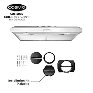 COSMO 5U30 30 in. Under Cabinet Range Hood with Ducted/Ductless Convertible (Kit Not Included), Slim Kitchen Over Stove Vent, 3 Speed Exhaust Fan, Reusable Filter, LED Lights in Stainless Steel