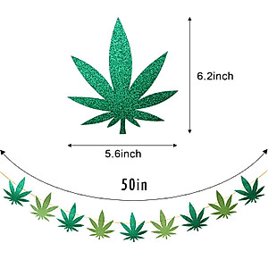 2 Pieces Pot Leaves Birthday Banner Glittery Green Weed Leaves Banner Gold Letter Banner for Birthday Party Decoration Supplies