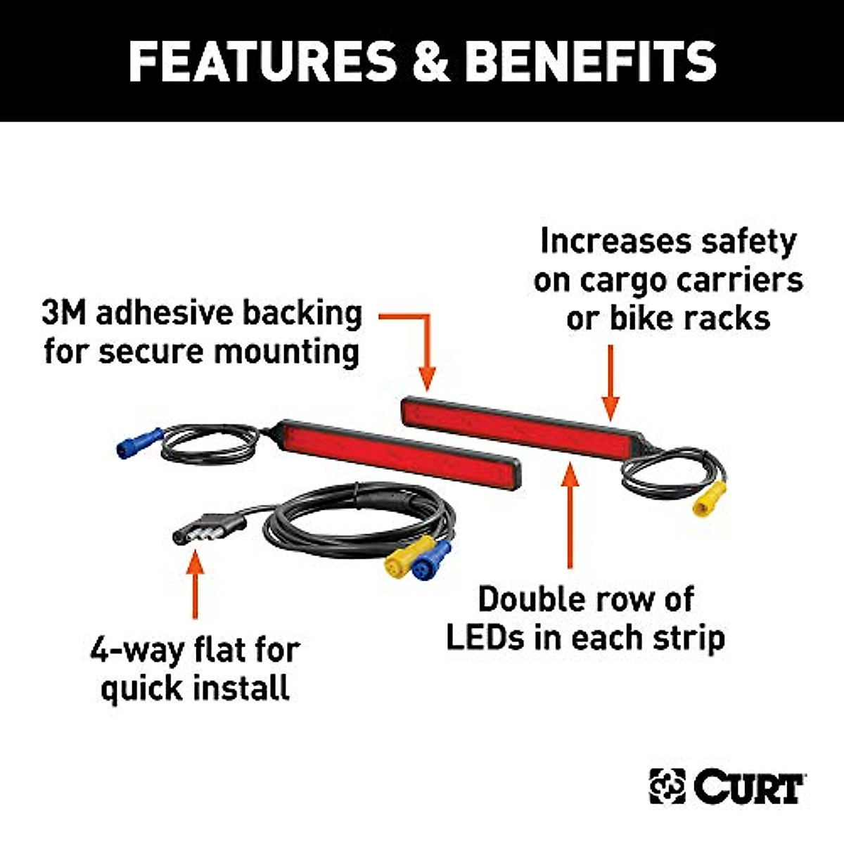 CURT 53201 Auxiliary Automotive LED Light Strips for Hitch Cargo Carrier, Bike Rack, 2-Pack, red