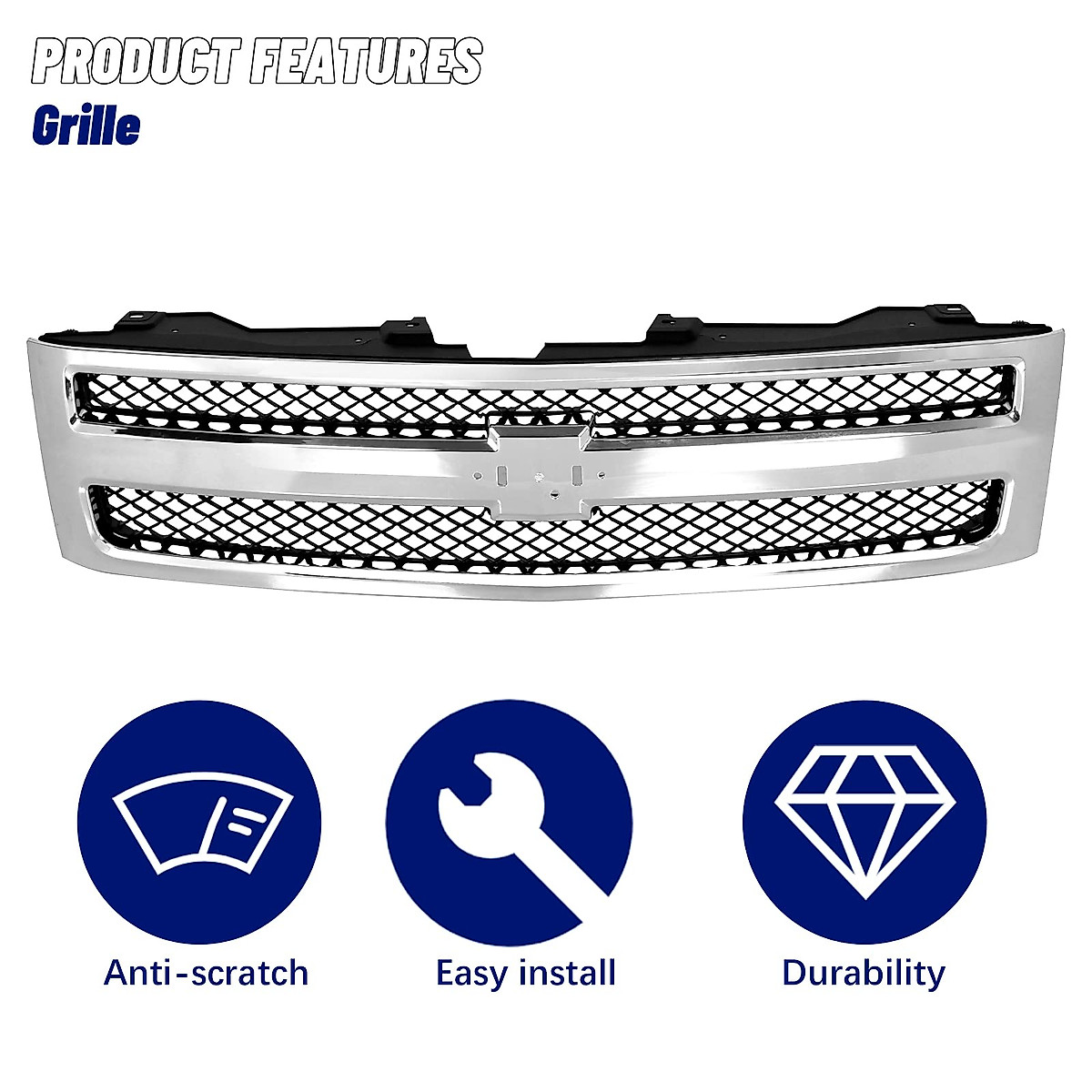 JustDrivably Replacement Parts Front Grille Grill Assembly With Chrome Frame Shell With Black Mesh Insert Compatible With Chevrolet 1500 Pickup Truck 2007 2008 2009 2010 2011 2012 2013
