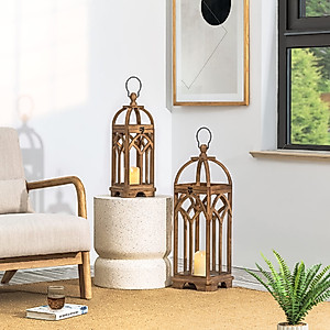 Glitzhome Farmhouse Decorative Lanterns Wooden Candle Lantern Church Window Frame Lanterns for Wedding Mantle Entryway Home Patio Balcony Garden, Pack of 2, Natural, No Glass