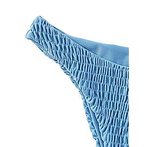 Verdusa Women's 2 Peices Textured Bathing Suit Smocked Wireless Bikini Bandeau Top Thong Swimsuit Blue M