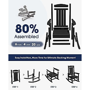 KINGYES Outdoor Rocking Chairs, HDPE All-Weather Patio Rocking Chairs High Back Porch Rocker for Adult, Black