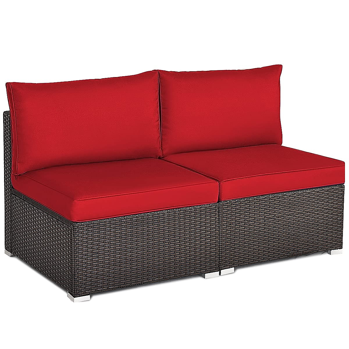 COSTWAY 2PCS PE Rattan Armless Sofa, Wicker Patio Conversation Set Chairs with Soft Cushion, Outdoor Sectional Furniture for Yard, Poolside (Red)