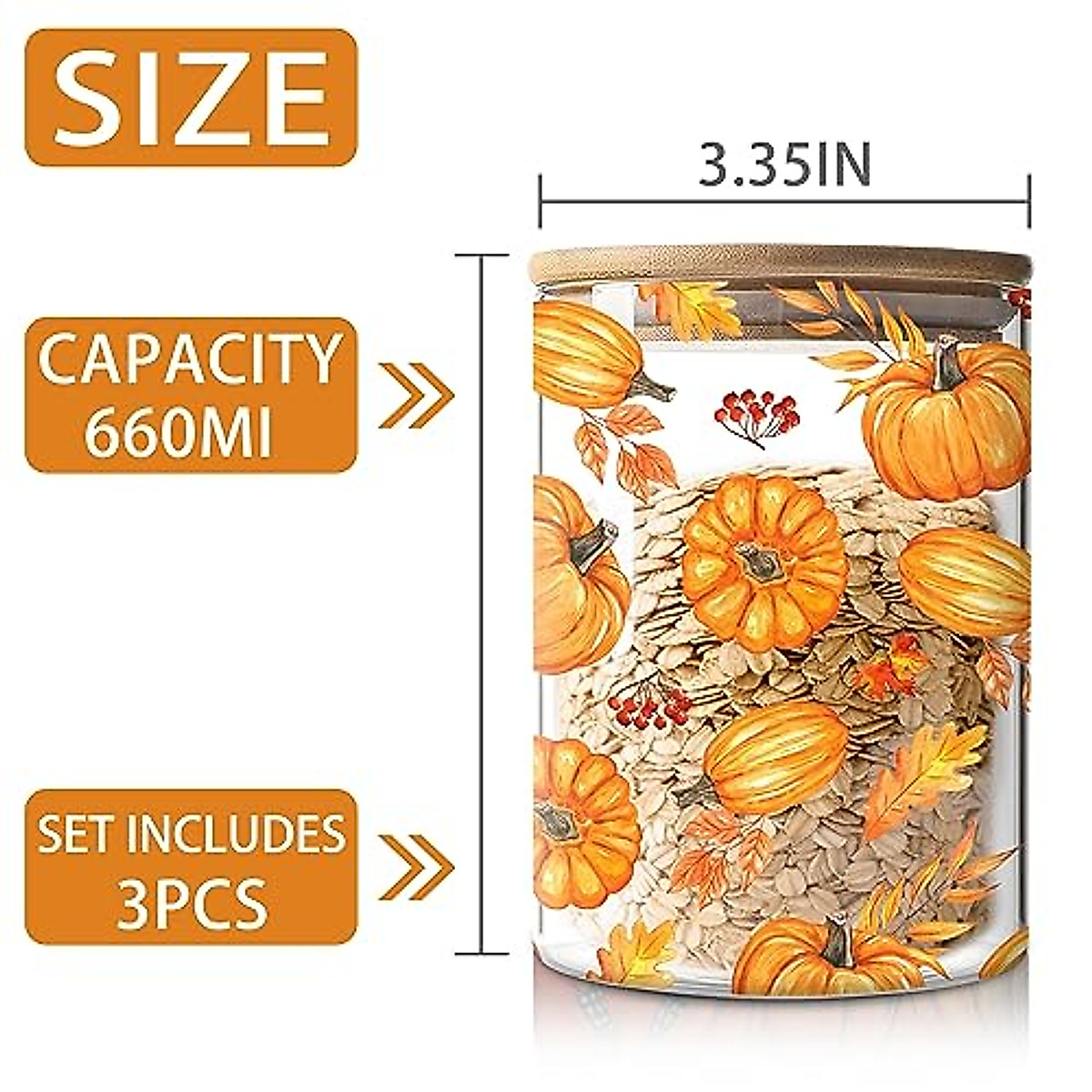 Fall Decor 3 Pack Glass Storage Jars with Airtight Bamboo Lid-Hello Fall Pumpkin Canisters Sets for Kitchen Countertop Autumn-Clear Fall Glass Storage Jars for Coffee Bean, Cookie, Candy, Tea, Flour