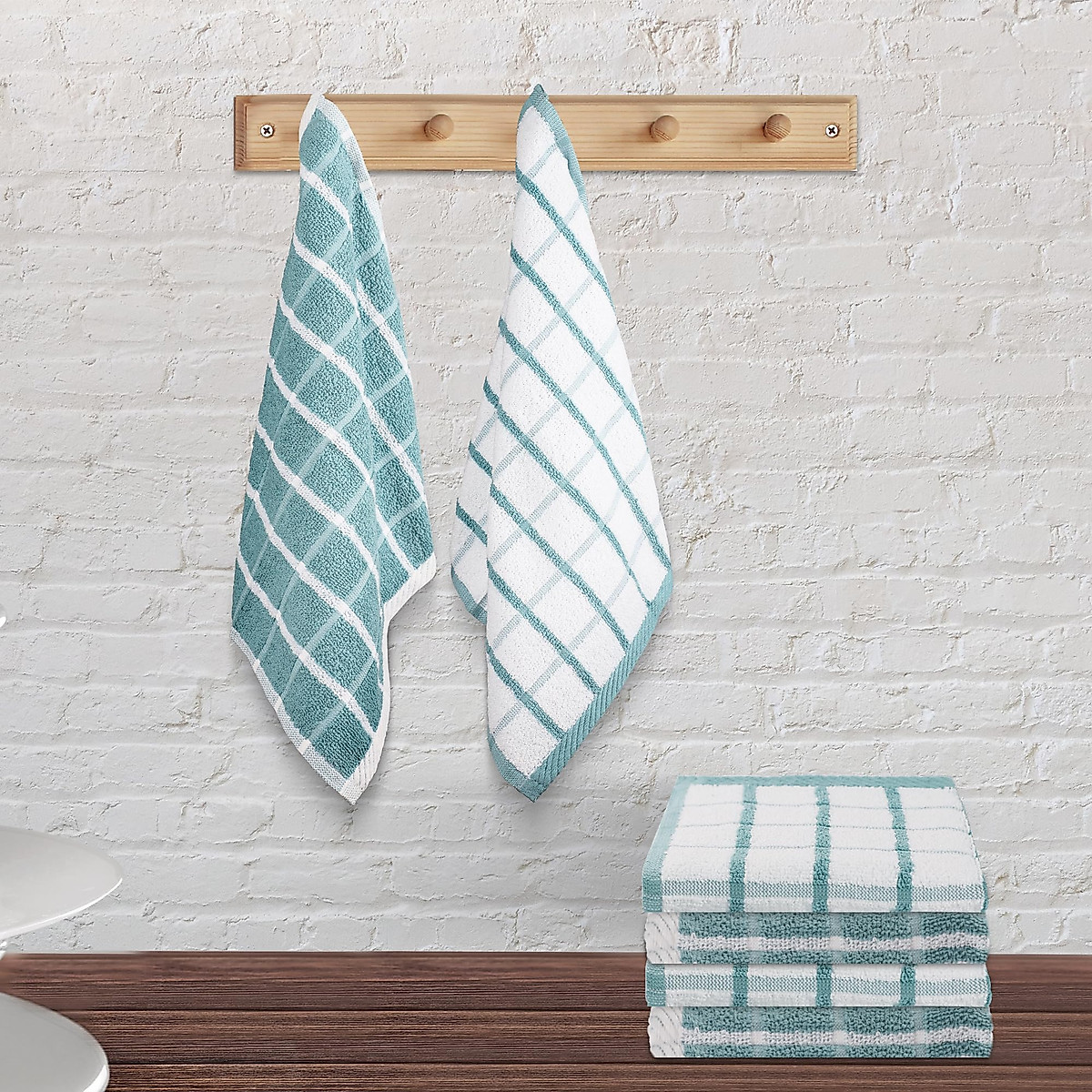 Urban Villa Dish Cloths Terry Cotton Pack of 6, Highly Absorbent Quick Drying Super Soft Premium Dish Towels for Kitchen with Hanging Loop Hand & Tea Towels - 12x12 Inch, (Aqua & White, Checks)