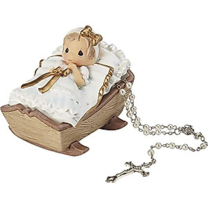 Precious Moments Baby in Cradle Baptism Rosary Box with White Rosary - Girl