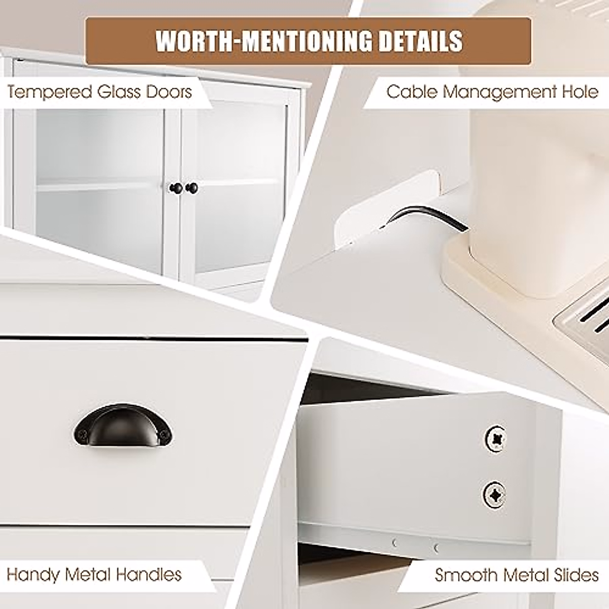 PETSITE Kitchen Hutch Storage Cabinet, Pantry Buffet Cabinet w/Tempered Glass Doors, Double Drawers, Adjustable Shelves & Anti-toppling Fitting, Tall Cupboard for Dining Room (White)