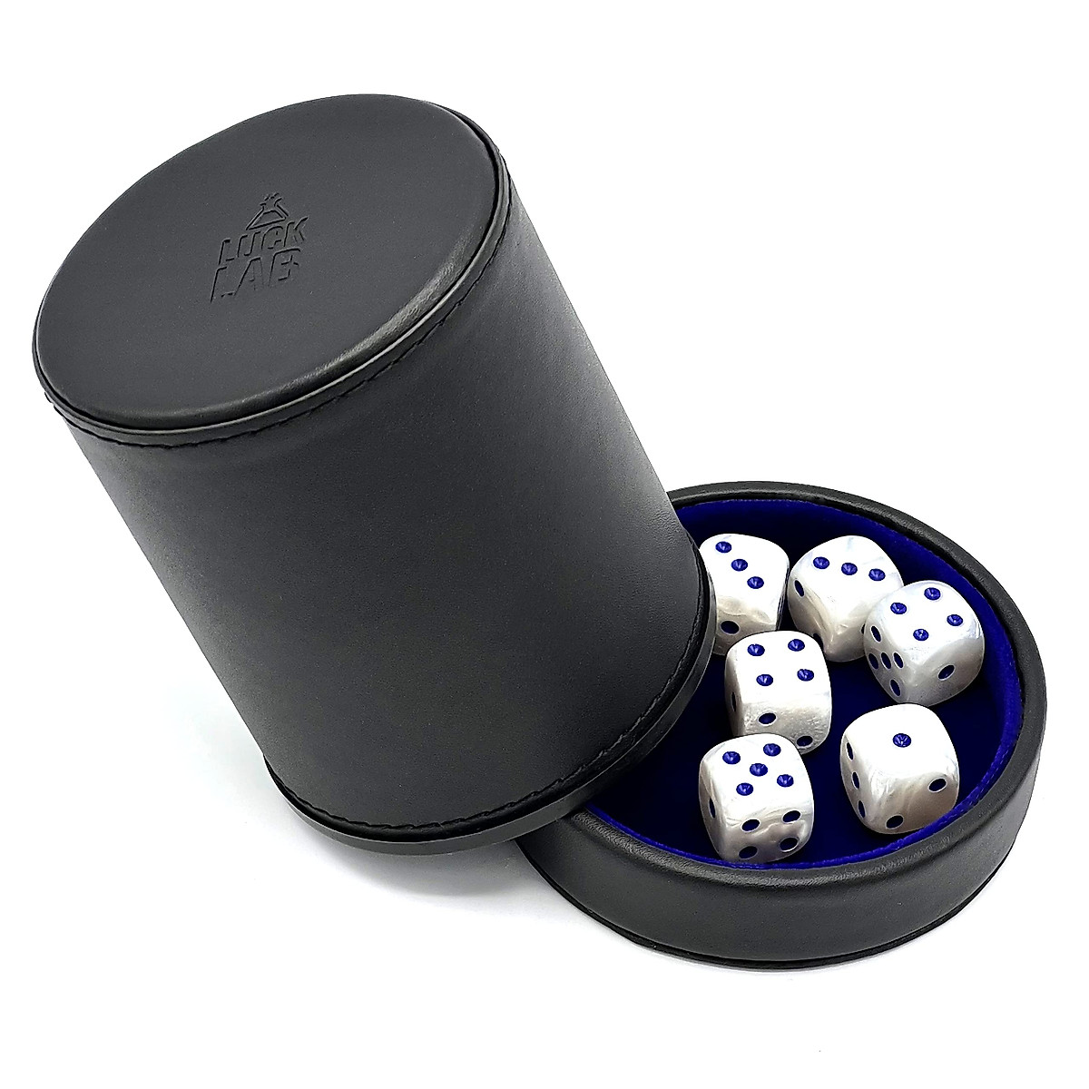 Luck Lab Black Leather Dice Cup with Lid Including 6 Matching Pearl Dice - Blue Velvet Interior for Quiet Shaking - Use for Liars Dice Farkle Yahtzee Board Games, Black