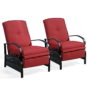 Ulax Furniture Adjustable Patio Recliner Chair Set of 2 Reclining Lounge Chair Metal Relaxing Recliner Sofa Chair Outdoor Metal Furniture Chair with Thick Cushion, Red