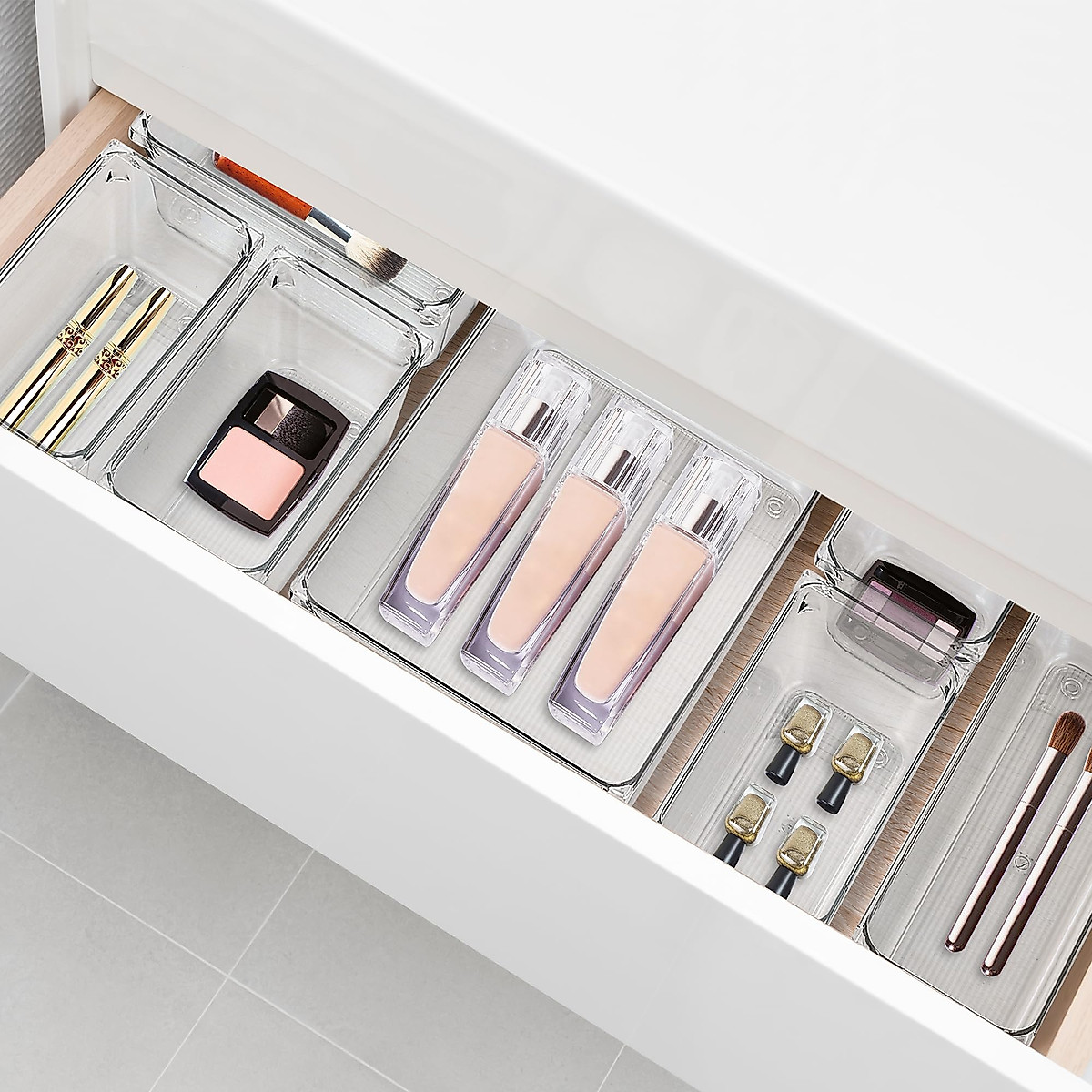 Ravinte Decor 8 Pack Drawer Organizer - 3" X 9" Clear Acrylic Storage Bins with Non-Slip Pads, Versatile Desk Tray for Makeup, Jewelry, Kitchen, Bathroom, and Office Organization