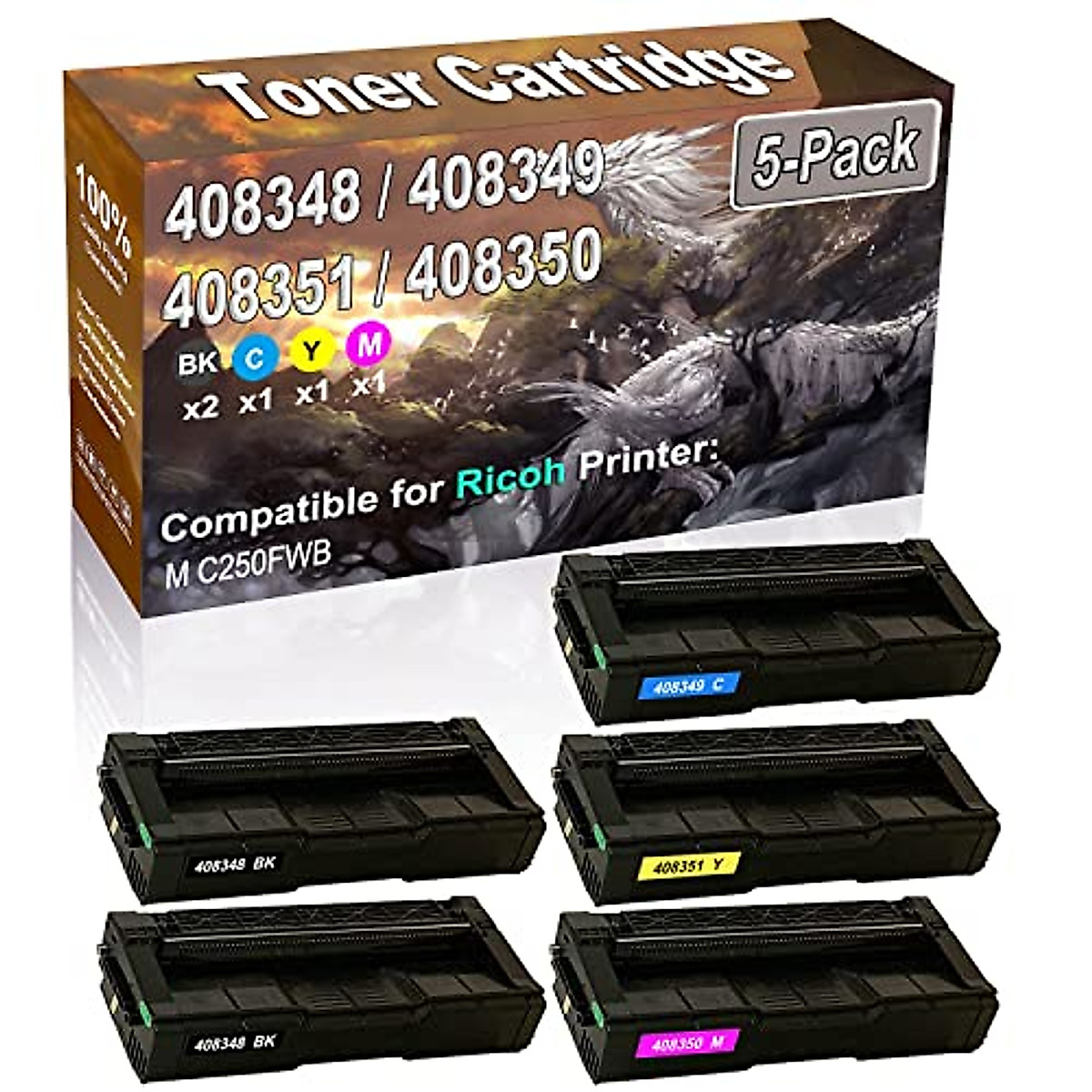 5-Pack (2BK/C/Y/M) Compatible High Capacity M C250 (408348 408349 408351 408350) Imaging Toner Cartridge Used for Ricoh M C250FWB Printer