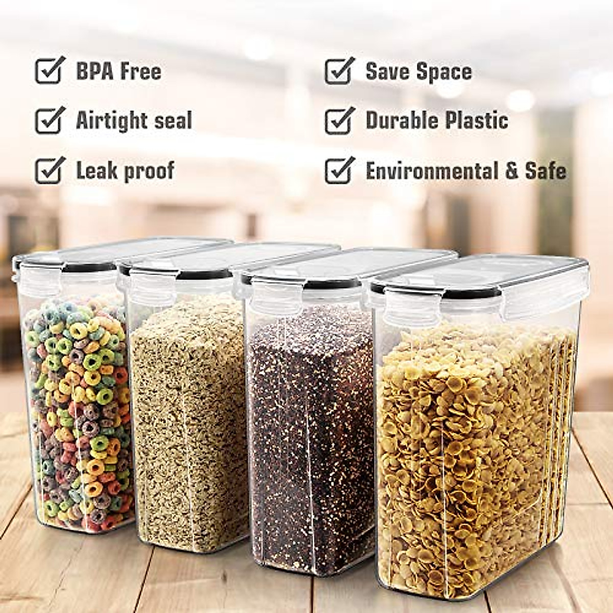 Wildone Food Storage Containers, Airtight Cereal Storage Containers for Sugar, Flour, Snack, Baking Supplies, Leak-proof with Black Locking Lids - Set of 4 (4L /135.3oz)