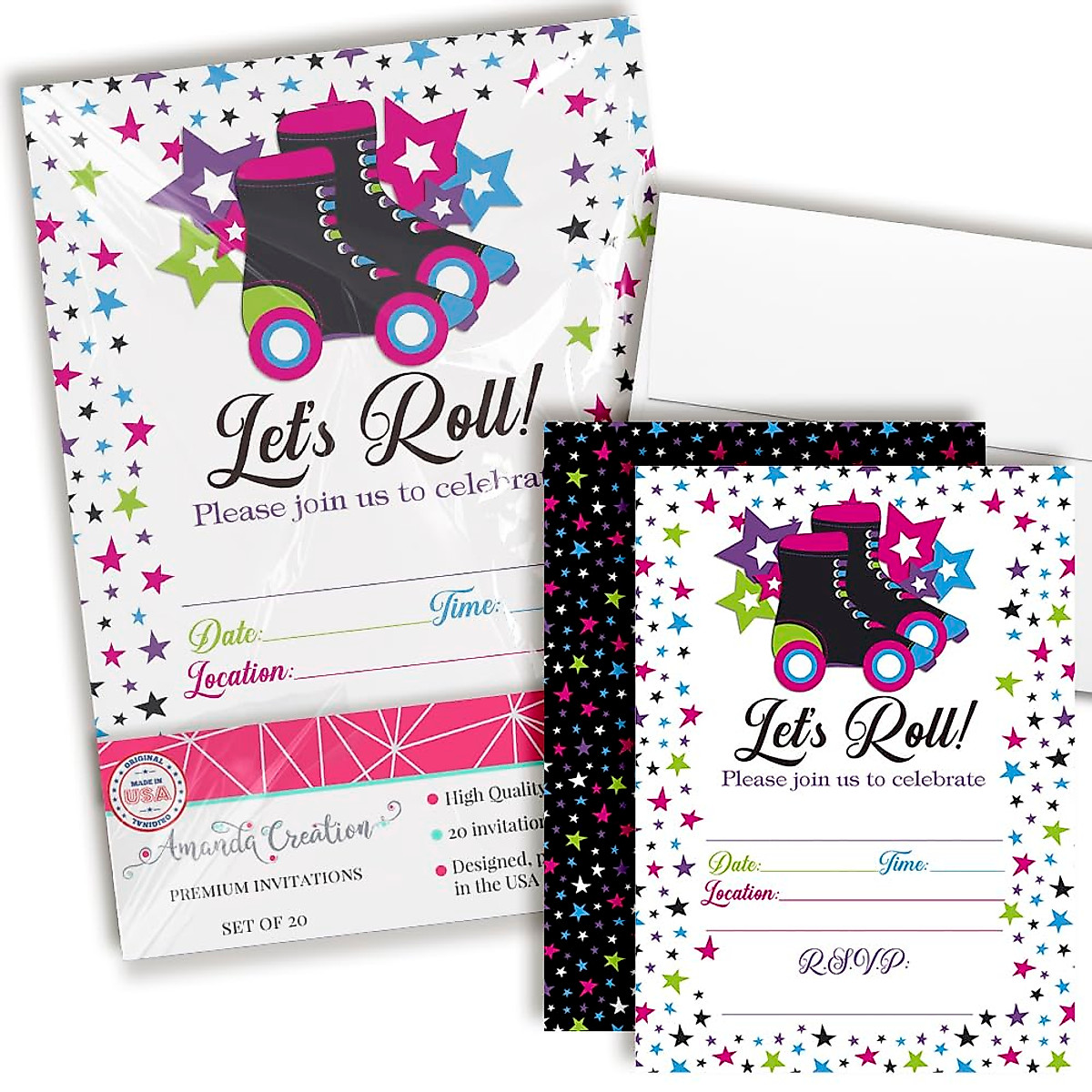 Let’s Roll Star Roller Skating Birthday Party Invitations, 20 5x7 Fill In Cards with Twenty White Envelopes by AmandaCreation