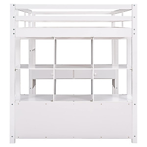 Harper & Bright Designs Full Loft Bed with Desk, Solid Wood Frame Storage Shelves and Drawers (Full Size, White), Gray(storage)