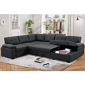 asunflower Sleeper Couch Sectional Sofa with Pull Out Sofa Bed for Living Room 6 Seater Sleeper Sectional Couch with Storage Chaise U Shape Modular Sectional Sofa Bed,Dark Gray