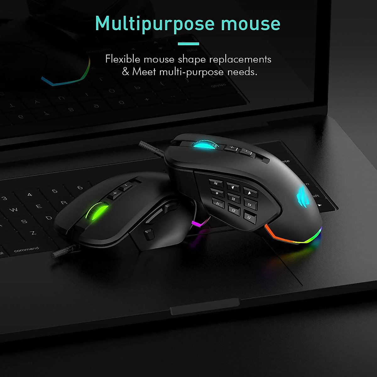 Havit Gaming Mouse Computer Ergonomic Wired Mice with 14 Programmable Buttons Interchangeable Side Plates (8 Buttons/ 8+6 Side Buttons), 2 Replaceable Right Plates for Laptop PC Gamer (Renewed)