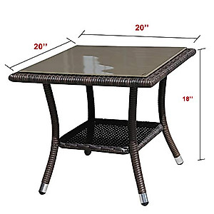 Super Patio Outdoor Patio Wicker End Table Rattan Square Glass Top Wicker Coffee Table Side Storage Table, Aluminum Frame, Espresso Brown