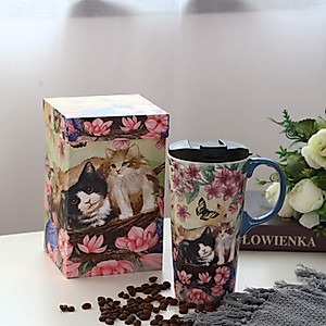 TZSSP Coffee Ceramic Mug Travel Mug Porcelain Latte Tea Cup With Lid 17oz. Flower and Cat