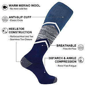 FITRELL 2 Pack Men's and Women's Ski Socks Full Cushioned Winter Merino Wool Thermal Knee High Warm Boot Socks for Skiing Snowboarding, Grey+Blue, X-Large