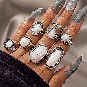 Octwine 8Pcs Silver Bohemian Statement Knuckle Rings Oval White Geometry Crystal Rhinestones Rings Stackable Rings Stacking Ring Jewelry for Women