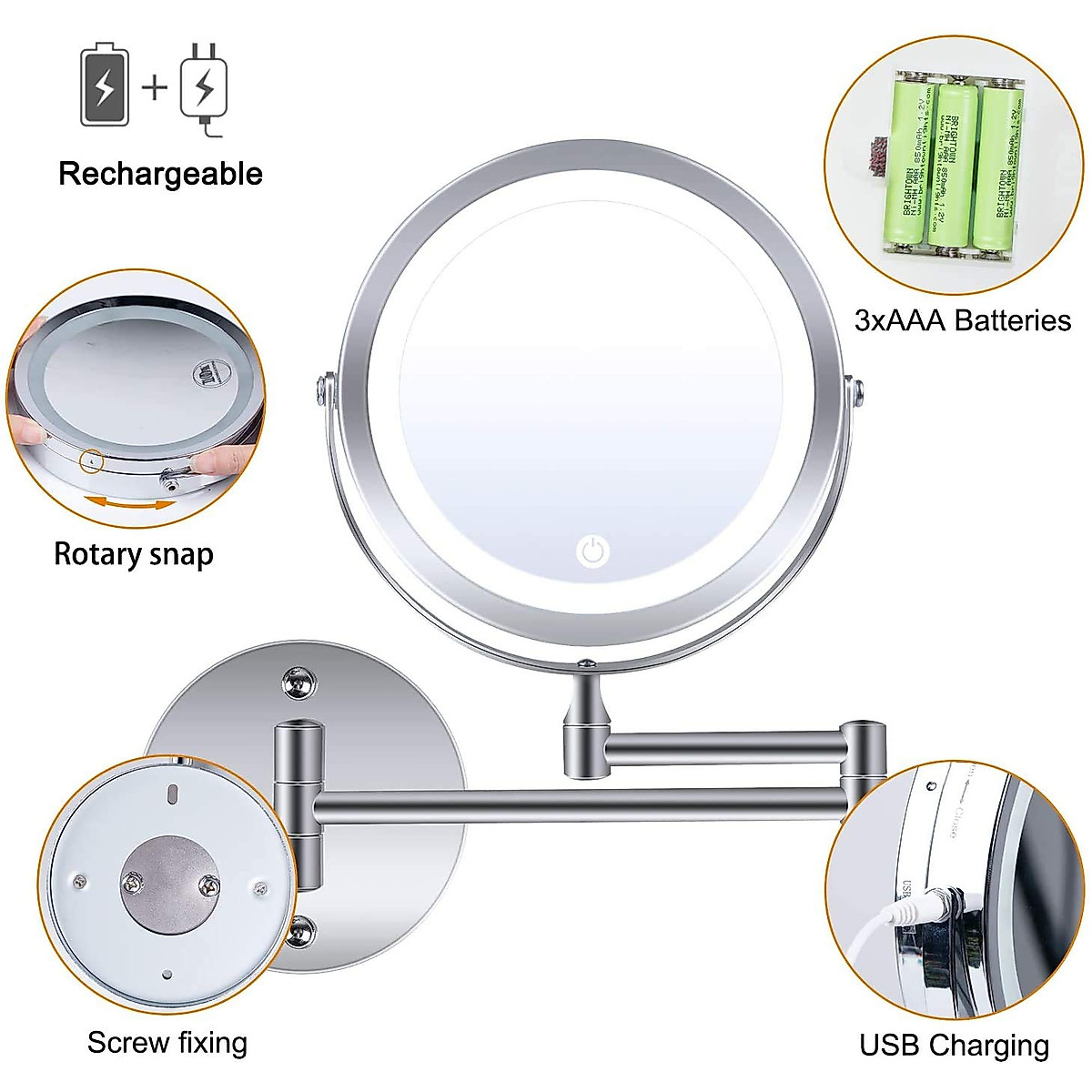 Wall Mounted Makeup Mirror, 1X 10X Magnification 360 Degree Rotation Double Sided Led Lighted Vanity Mirrors for Bathroom AC Adapter or Battery Operated