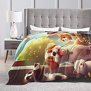 Happy Cat and Dog in The Morning Flannel Fleece Blanket - Cute Cartoon Pet Pattern, Soft and Comfortable, Suitable for Sofa and Bed, Easy to Clean, 40"x50"