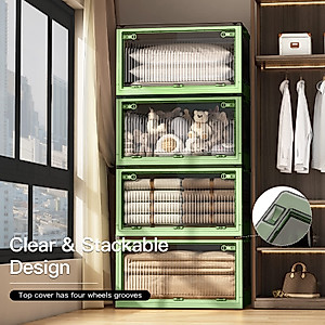 submatches Collapsible Lided Storage Box,Transparent Plastic Folding Box with 5 Doors Opening,54L Stackable Folding Bins with 4 Wheels,Green,1 Pack