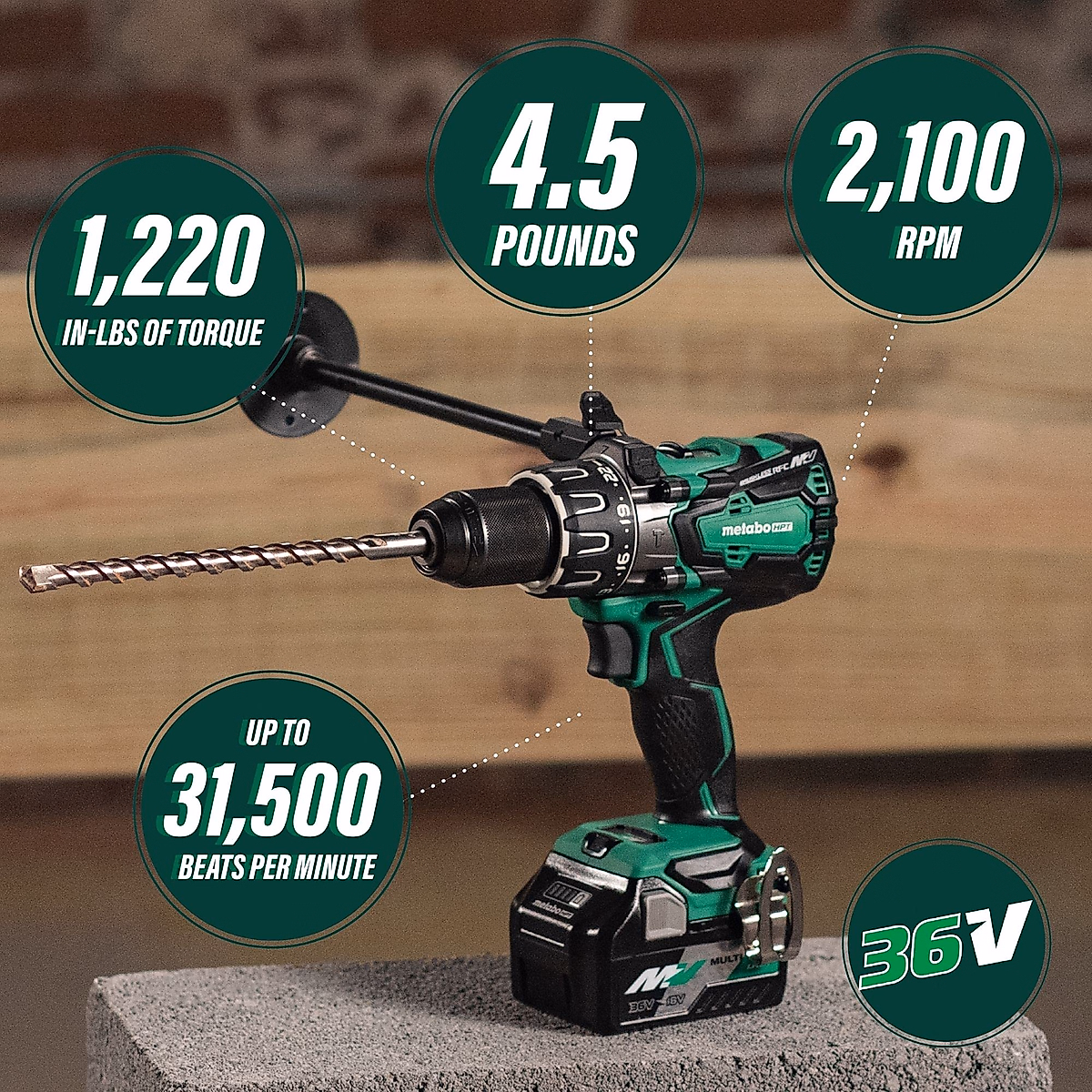 Metabo HPT 36V MultiVolt Cordless Hammer Drill Kit with Batteries and Charger | 1/2-inch Keyless | DV36DAG