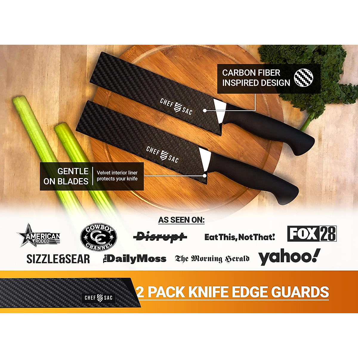 Chef Sac Knife Edge Guards | Universal Knife Cover & Professional Knife Protector | Durable BPA-Free ABS Plastic Knife Guards | Gentle Non-Scratch Felt Lining Chef Knife Sheath (2-Pack - 8.5)