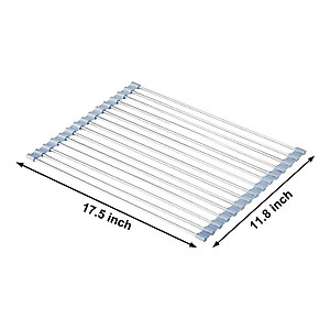 MECHEER Over The Sink Dish Drying Rack, Roll Up Dish Drying Rack Kitchen Dish Rack Stainless Steel Sink Drying Rack, Foldable Dish Drainer, Gray (17.5''x11.8'')