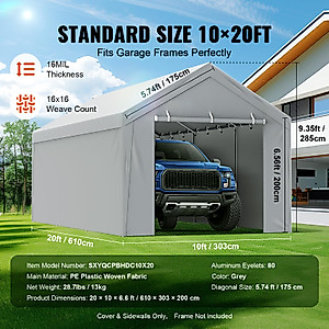 VEVOR Carport Replacement Canopy Cover Top + Side Wall 10 x 20 ft, Garage Tent Shelter Tarp Heavy-Duty Waterproof & UV Protected, Easy Installation with Ball Bungees,Grey (Frame Not Included)