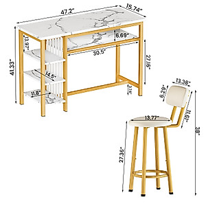 AWQM Bar Table Set of 2 with Storage Shelves, 47" White Faux Marble Dining Set with 2 Upholstered Counter Height Backrest Chairs, 3-Piece Dining Set for 2, Space Saving Table for Home & Kitchen