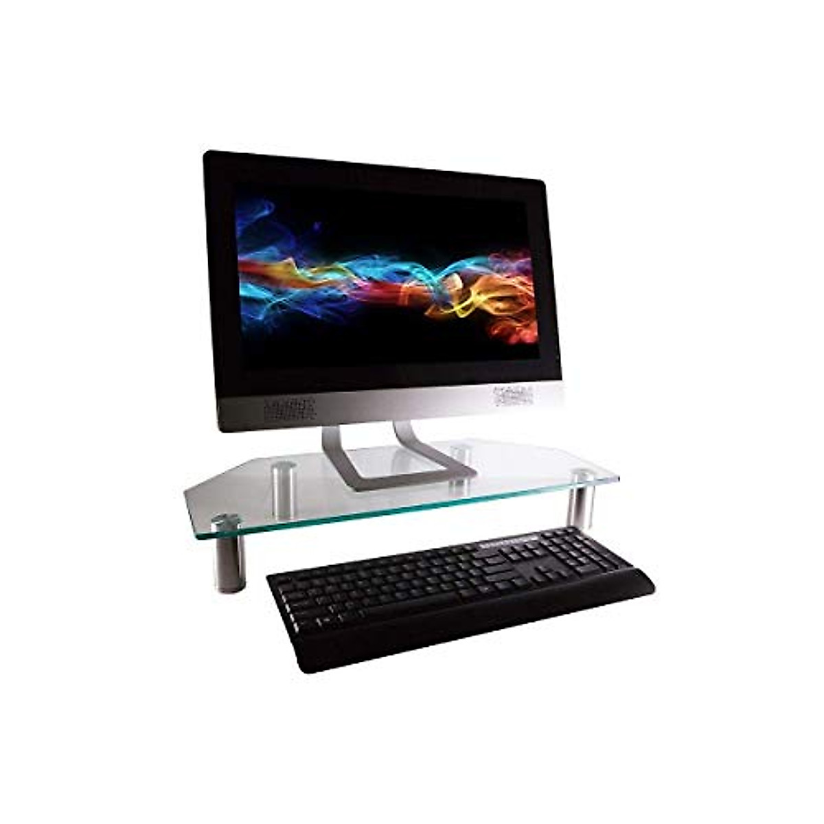 Monoprice Corner Multimedia Desktop Stand, Clear Glass 23.6" x 10.2" - Stand & Riser, Laptop Stand, Desktop TV Stand w/ Height Adjustable Legs