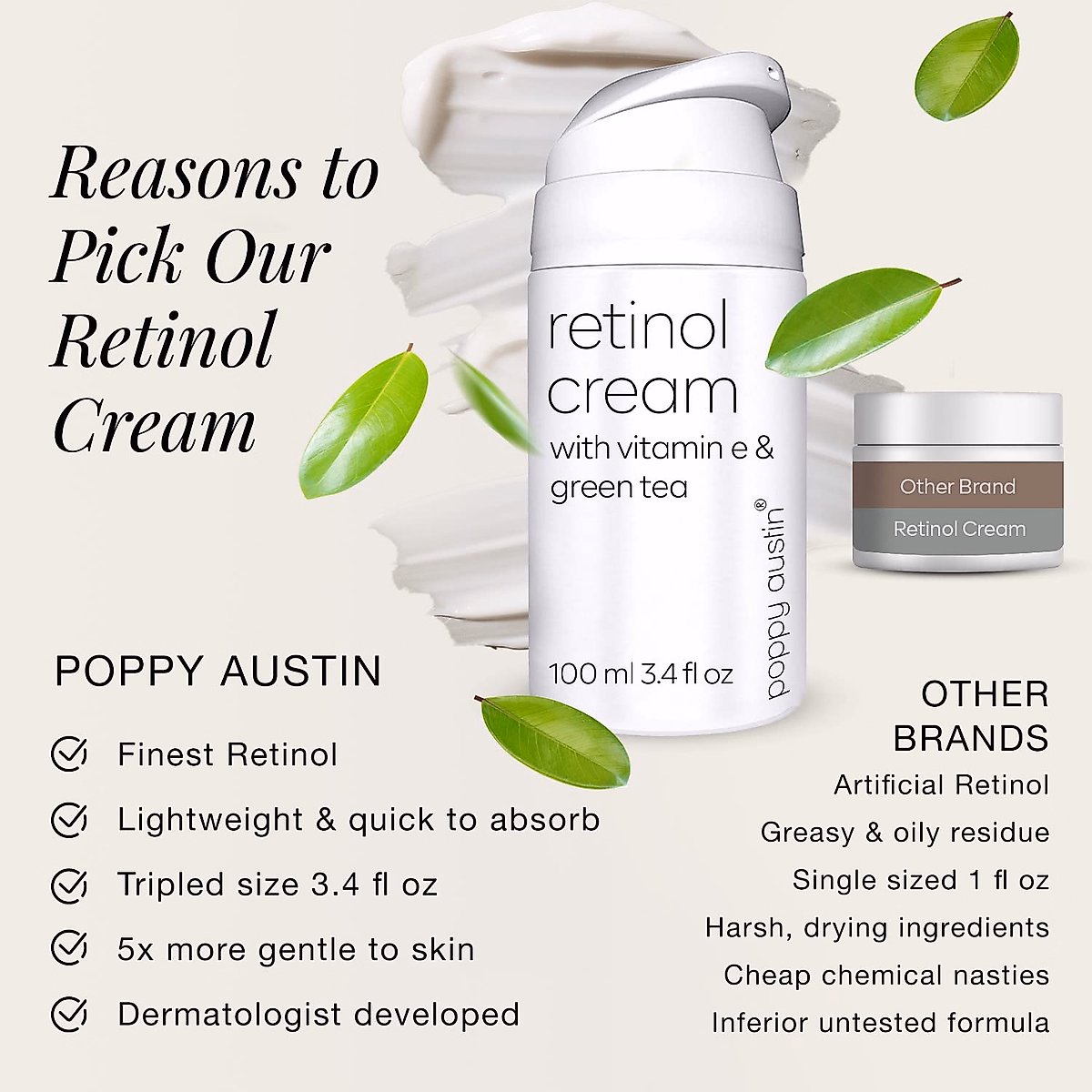 poppy austin Retinol Cream for Face 3.4OZ, High-Strength Retinol Night Cream - Cruelty Free Wrinkle Cream For Face - Anti Aging Eye Cream Retinol For Face & Body