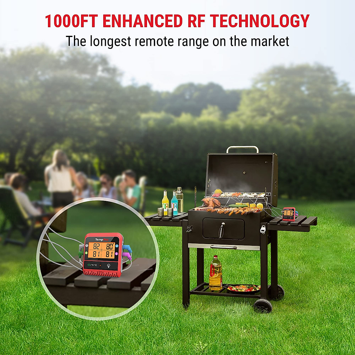 TempPro H29 Wireless Meat Thermometer with 4 Probes, 1000FT Smoker Thermometer for Grilling and Smoking, Meat Probe BBQ Thermometer for Oven and Grill