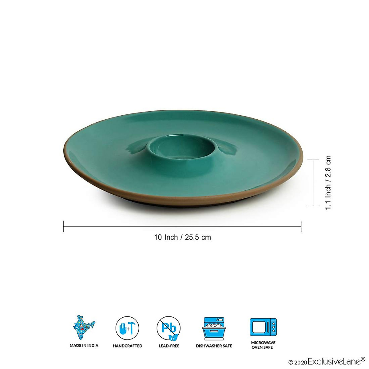 ExclusiveLane 'Earthen Turquoise' Hand Glazed Ceramic Chip and Dip Serving Platter with Dip Bowl for Parties, Salsa, Guacamole | Chip and Dip Platter for Appetizers, Hummus, Nacho (Microwave Safe)