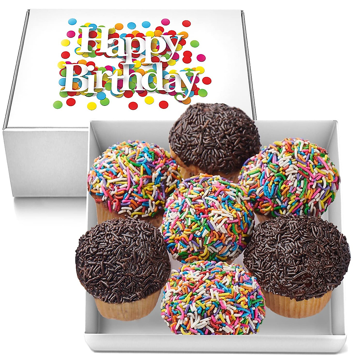 Happy Birthday Cupcakes Large Gift Basket Rainbow Sprinkle Chocolate Sprinkle | 7 INDIVIDUALLY WRAPPED Fresh Cupcakes | Party Food Gift