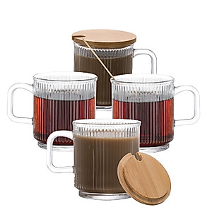 HUAHANGNA Vintage Coffee Glass Mugs for Beverage - Ribbed Short Latte Cups Set of 4, Clear Tea Cup with Bamboo Lid and Spoon, Dessert, Pudding, Ice Cream, Yogurt, Cappuccino, Espresso cup