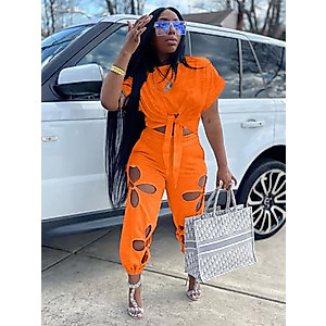 Women 2 Piece Outfit Summer Short Sleeve White Shirt Sweatpants Set Workout Jogger Sweatsuit